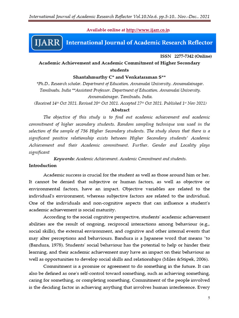 Academic Achievement in Higher Secondary Students | PDF | Standard ...