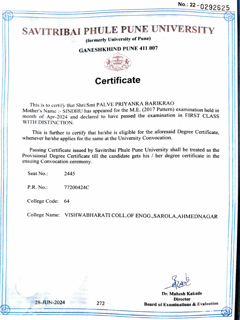 Priyanka ME Convocation Certificate | PDF