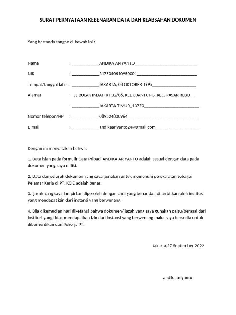 Surat Pernyataan Kebenaran Data Dan Keabsahan Dokumen | PDF