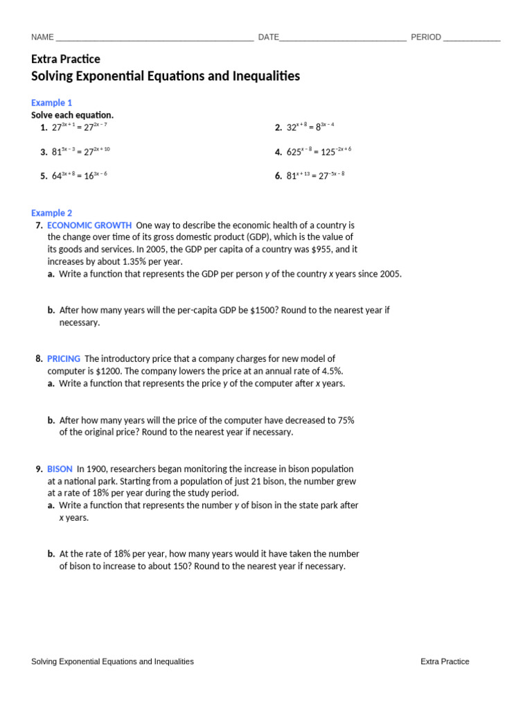 Exponential Equations Practice Exercises | PDF | Gross Domestic Product ...