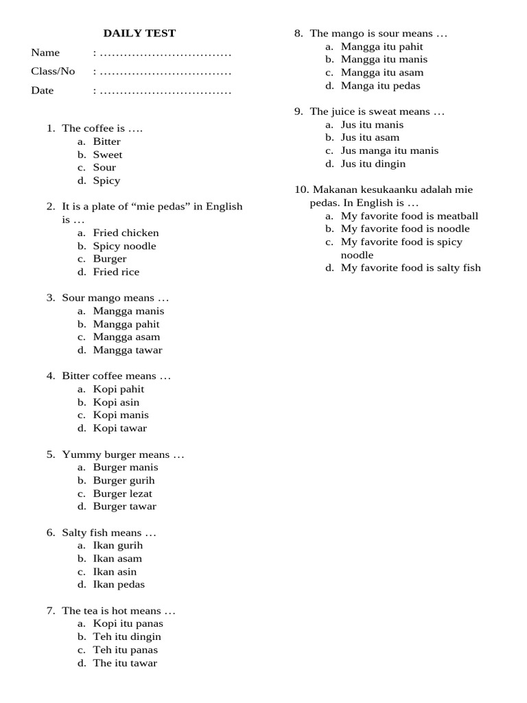 Daily Test Unit 1 Kelas 5 | PDF