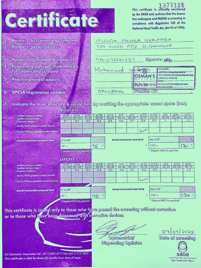 Eye Certificate | PDF | Visual Acuity | Neuropsychology