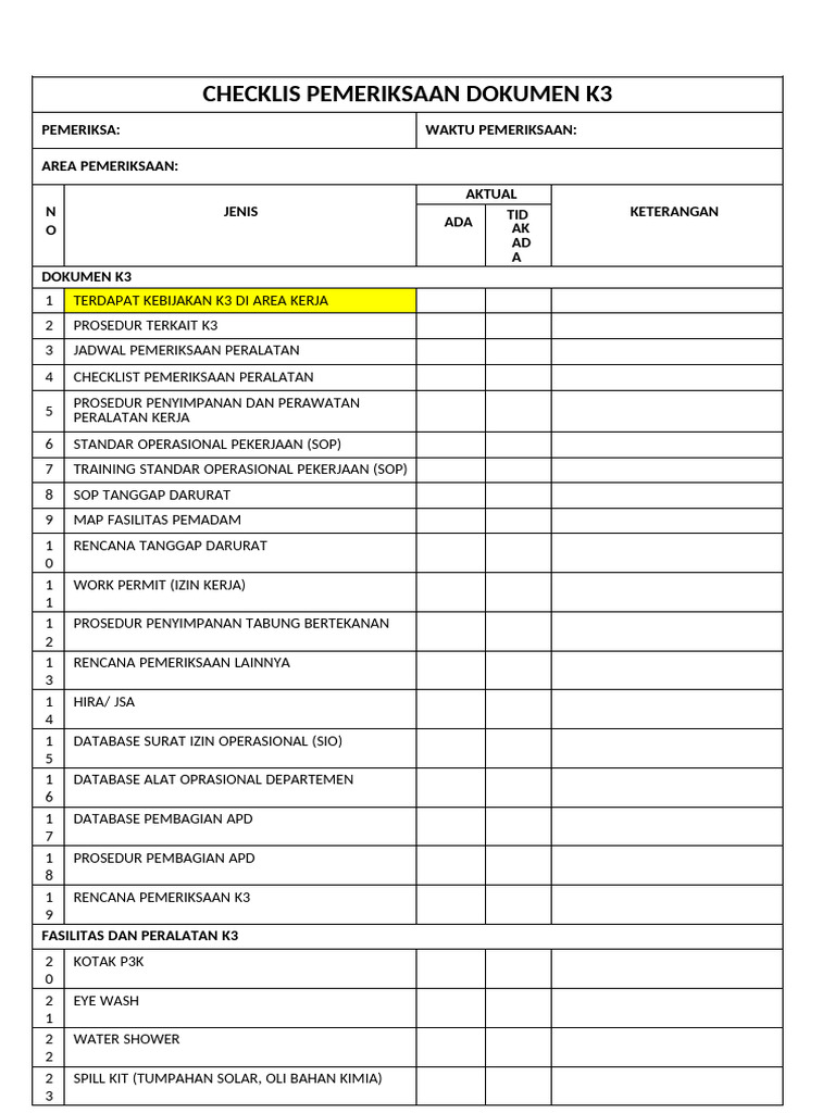 Form Cheklist Pemeriksaan Dokumen K3 | PDF