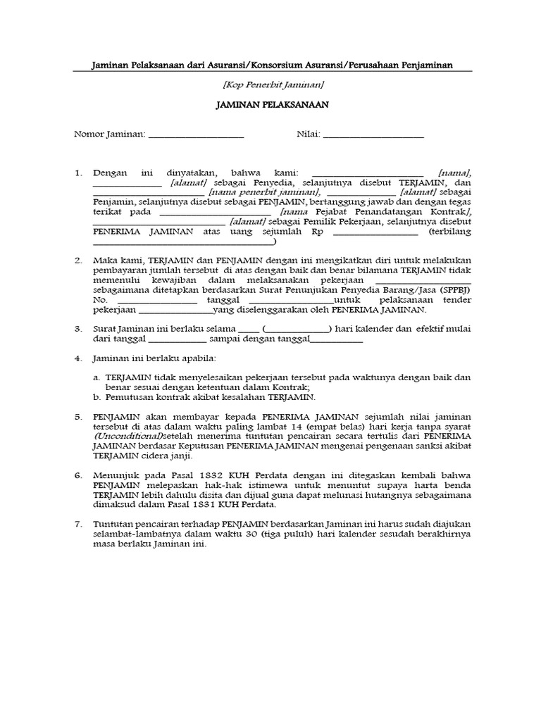 Contoh Format Jaminan Pelaksanaan Asuransi | PDF
