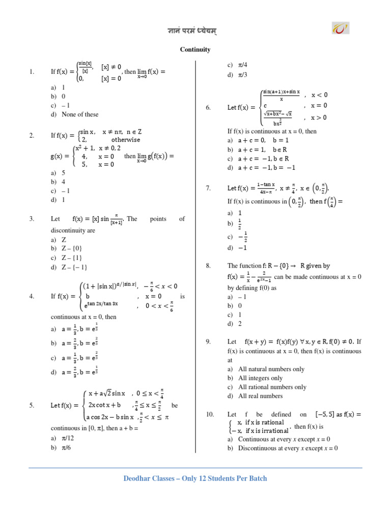 Continuity and Limits Practice Problems | PDF