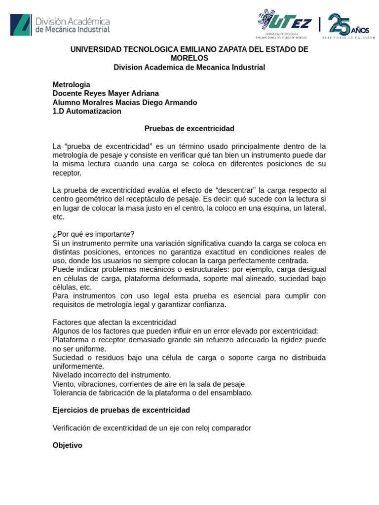 Prueba de Excentricidad en Balanzas | PDF | Metrología | Medición