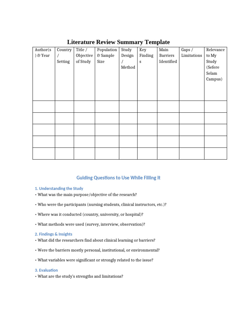 Literature Review Summary Template Guide | PDF