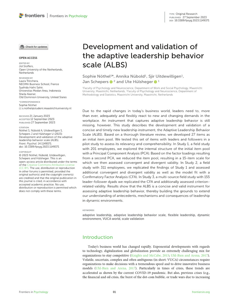 Development and Validation of The Adaptive Leadership Behavior Scale (Nöthel Et Al., 2023) | PDF ...