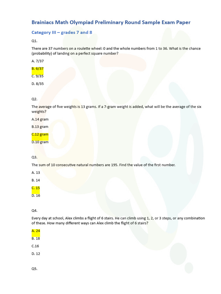 Math Preliminary Round Sample Paper Category III (7-8) | PDF | Euclidean Plane Geometry ...