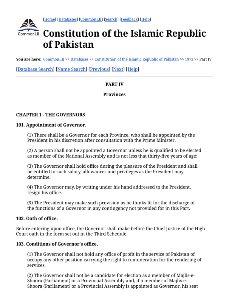 Constitution of The Islamic Republic of Pakistan 1973 - Part IV | PDF ...