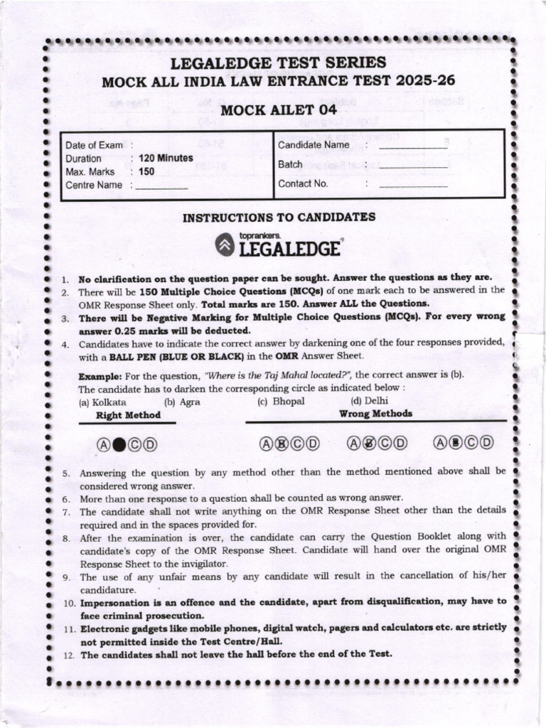 Bihar Assembly Mock Test Instructions | PDF | Educational Assessment ...
