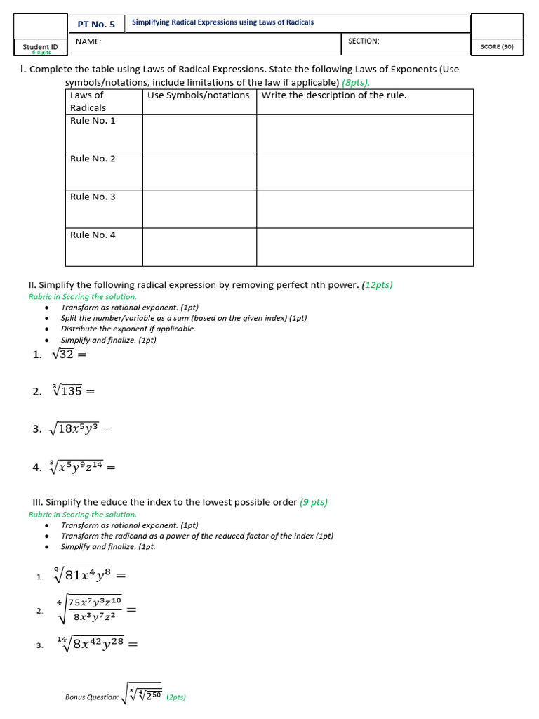 PT No. 5 Simplifying Radical Expression Using Laws of Radicals | PDF