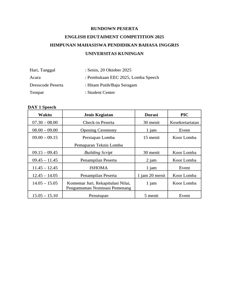 Rundown EEC 2025 Universitas Kuningan | PDF