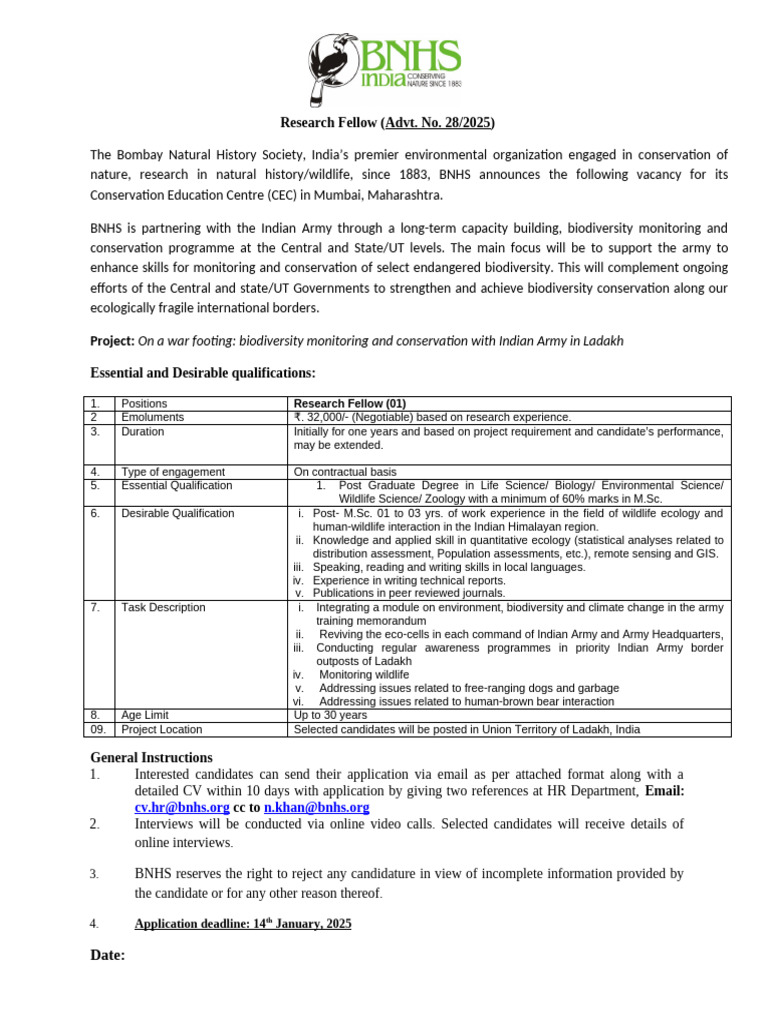 Research Fellow Position at BNHS | PDF | Conservation Biology | Natural ...