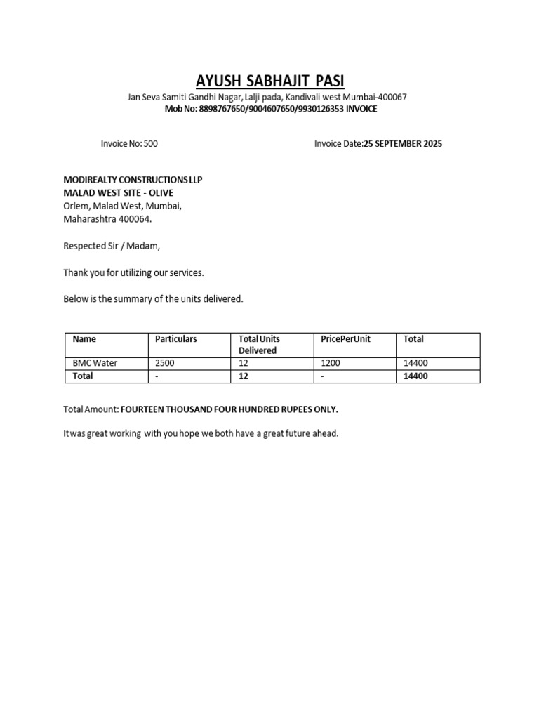 Invoice for BMC Water Delivery Services | PDF