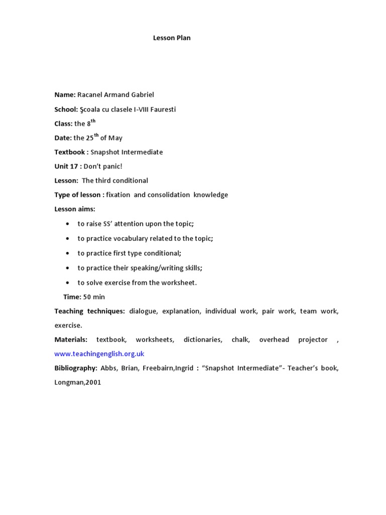 Lesson Plan Third Conditional | PDF | Lesson Plan | Question