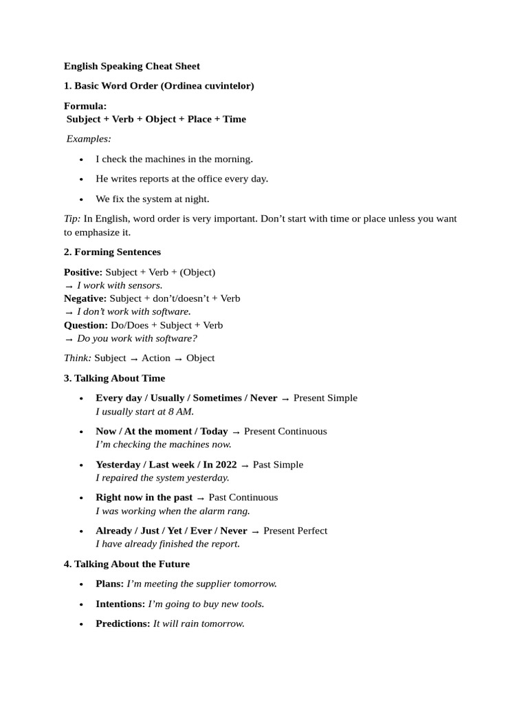 English Speaking Cheat Sheet Guide | PDF | Subject (Grammar) | Verb