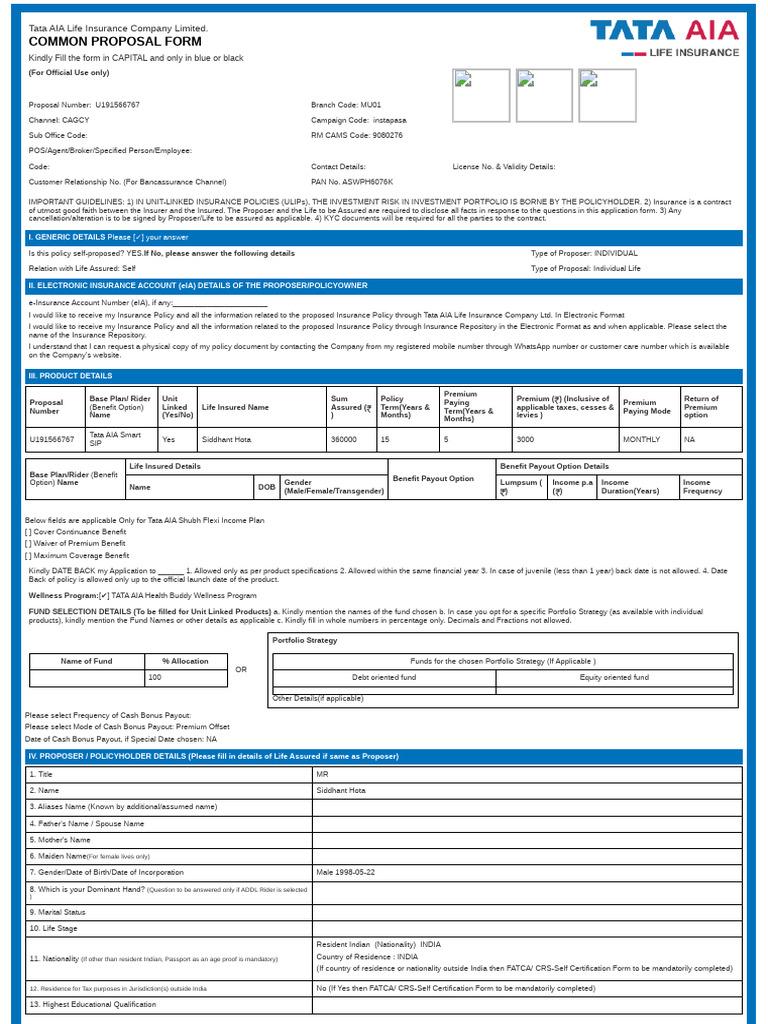 Tata AIA Life Insurance Proposal Form | PDF | Insurance | Life Insurance