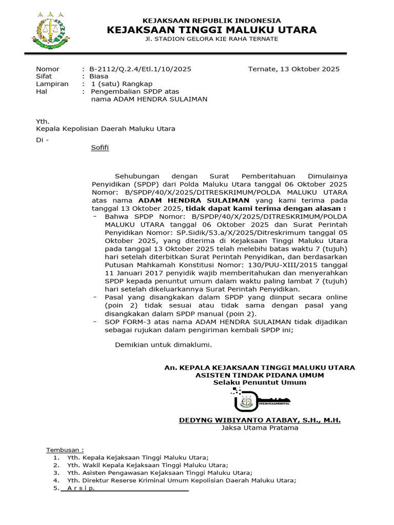Surat Pengembalian SPDP | PDF
