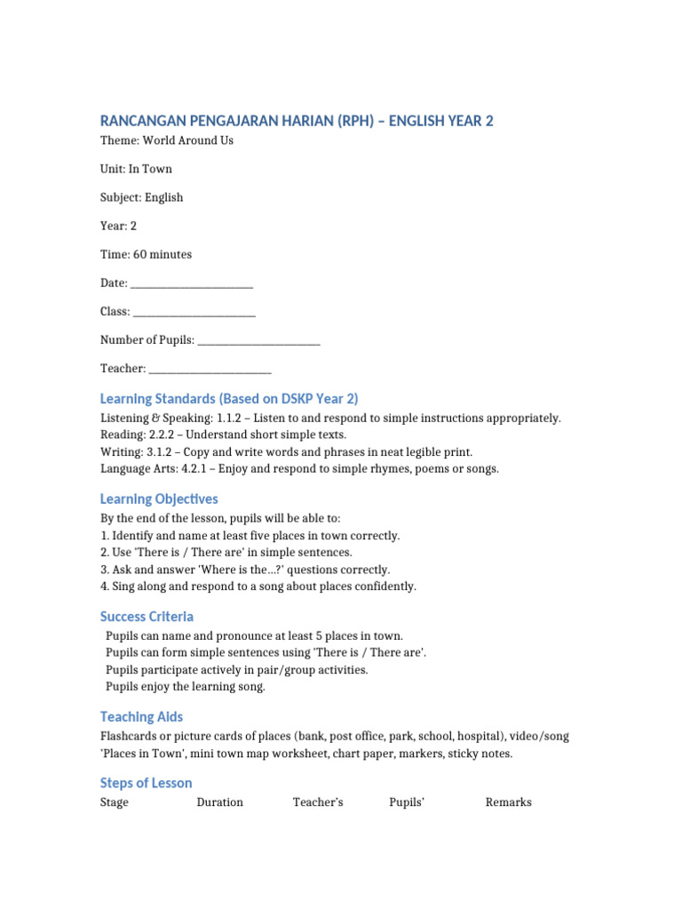 RPH English Year2 in Town | PDF | English Language | Human Communication