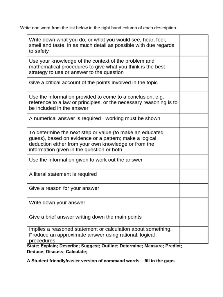 Command Words for Academic Responses | PDF | Reason | Knowledge
