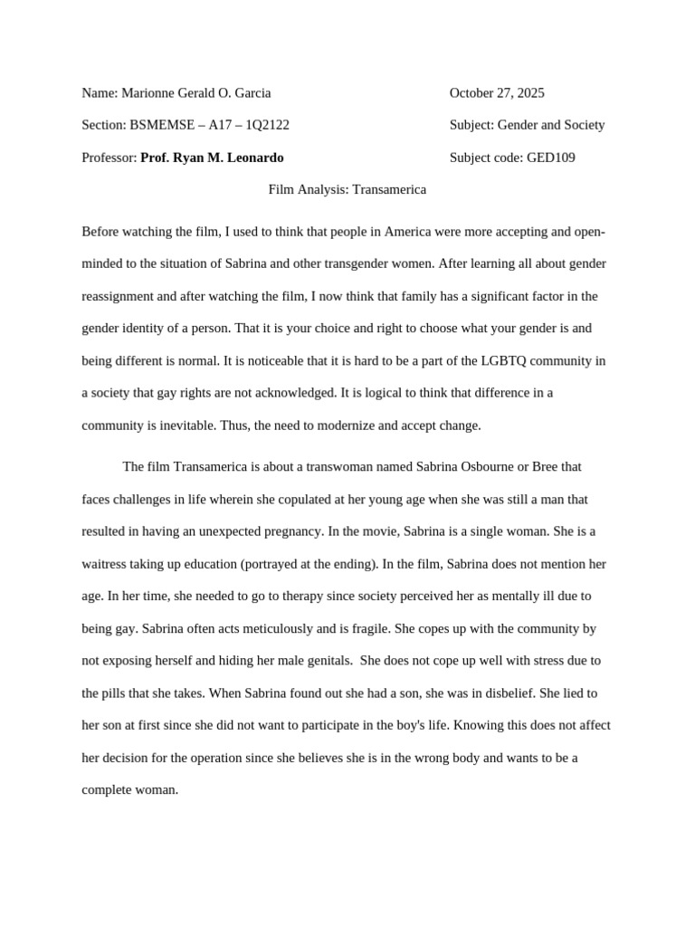 GARCIA, Marionne A17 1Q2122 Film Analysis Transamerica | PDF | Gender ...