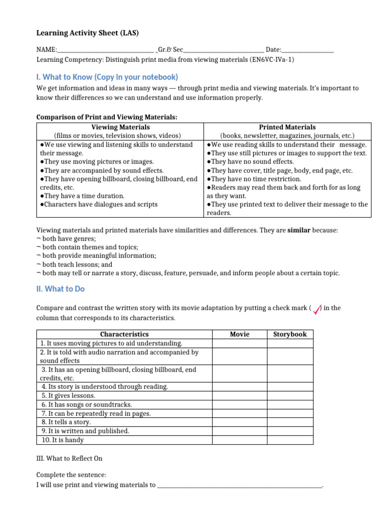 English6 LAS Lesson1 Print Vs Viewing Materials | PDF