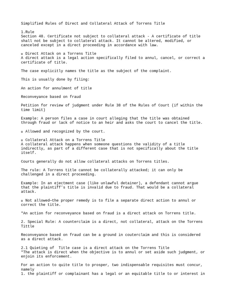 Simplified Rules of Direct and Collateral Attack of Torrens Title | PDF ...