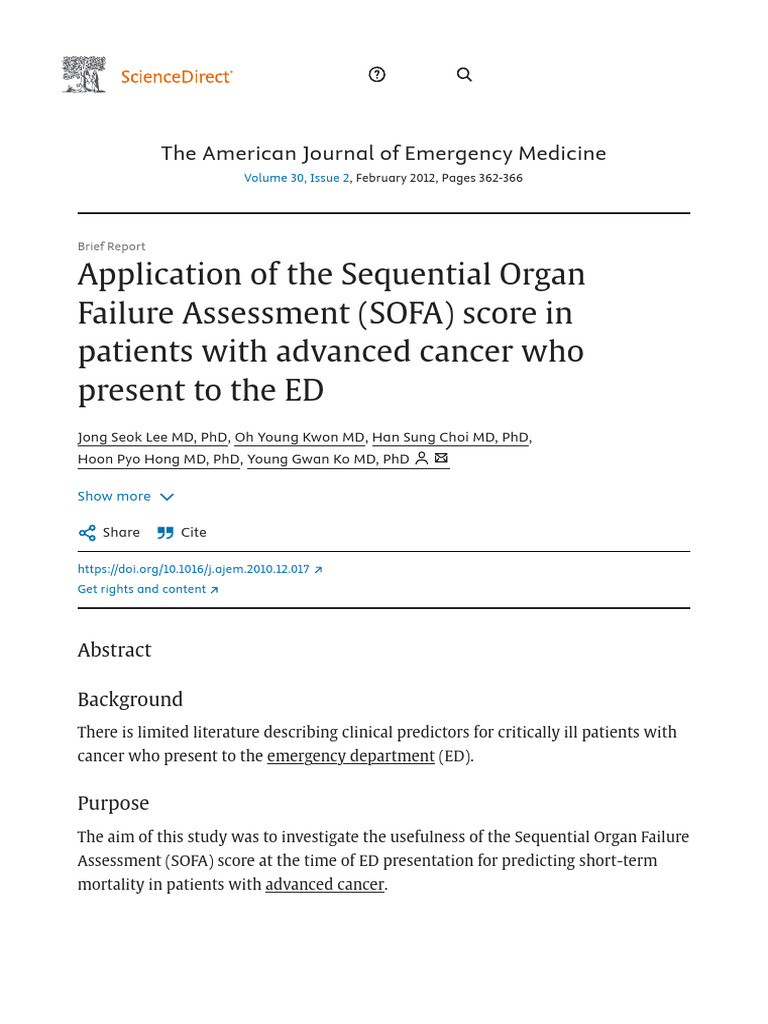 Application of The Sequential Organ Failure Assessment (SOFA) Score in ...