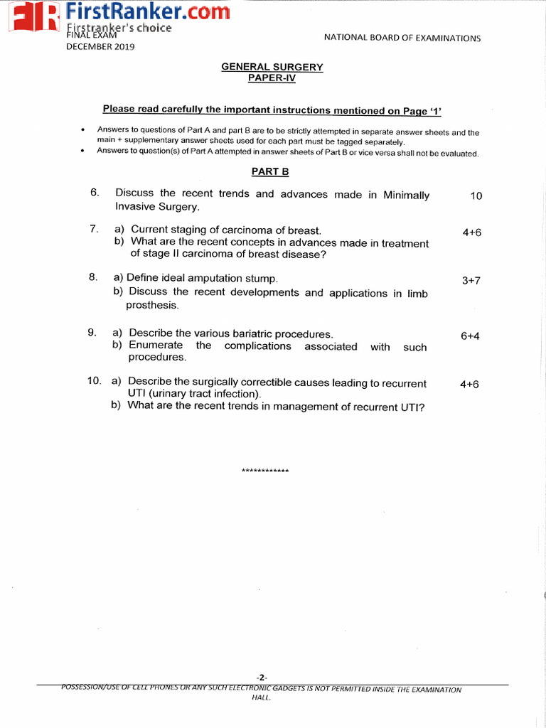 FR General Surgery Paper IV Part B Question Paper | PDF