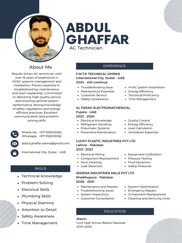 Abdul Ghaffar AC Tecnician CV | PDF | Mechanical Engineering