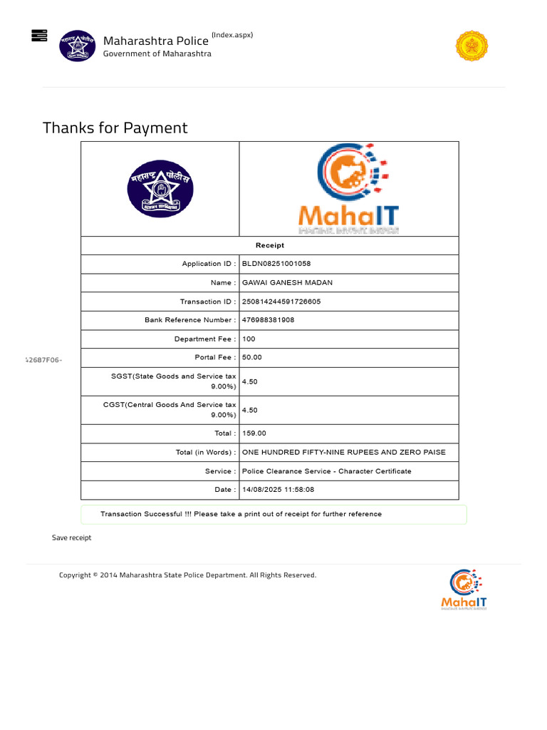 Police Clearance Service Receipt | PDF