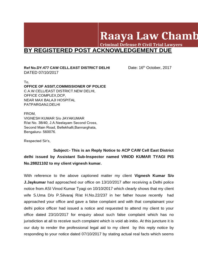 1.vignesh Reply Notice To Delhi Police | PDF | Justice | Crime & Violence