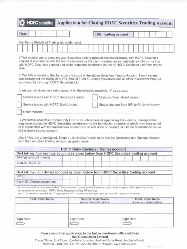 HDFC Trading Closure Form | PDF