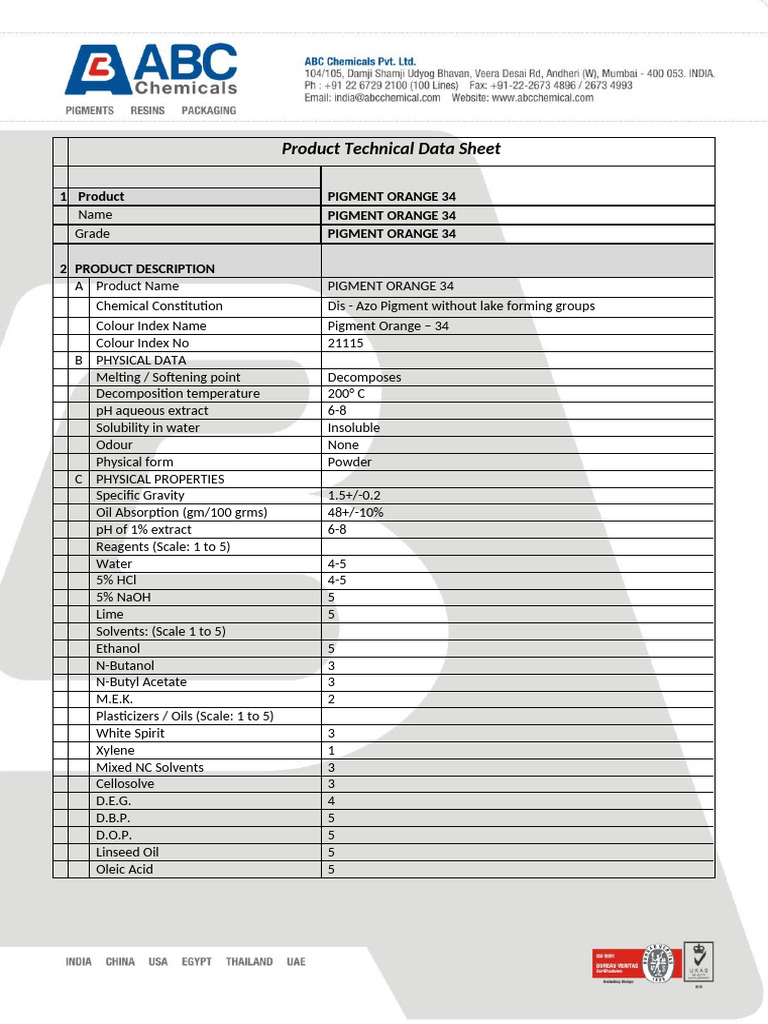Pigment Orange 34 Technical Data Sheet | PDF