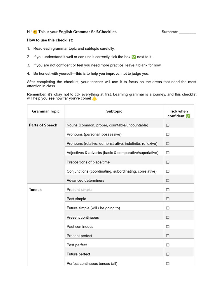 English Grammar Self-Checklist | PDF | English Grammar | Verb
