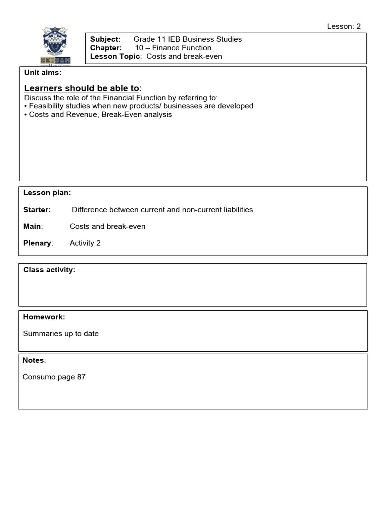 CH 10 Financial Function - Lesson 2 Costs and Break-Even | PDF