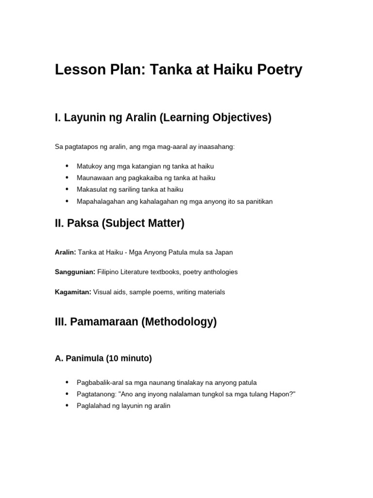 Lesson Plan - Tanka at Haiku Poetry | PDF
