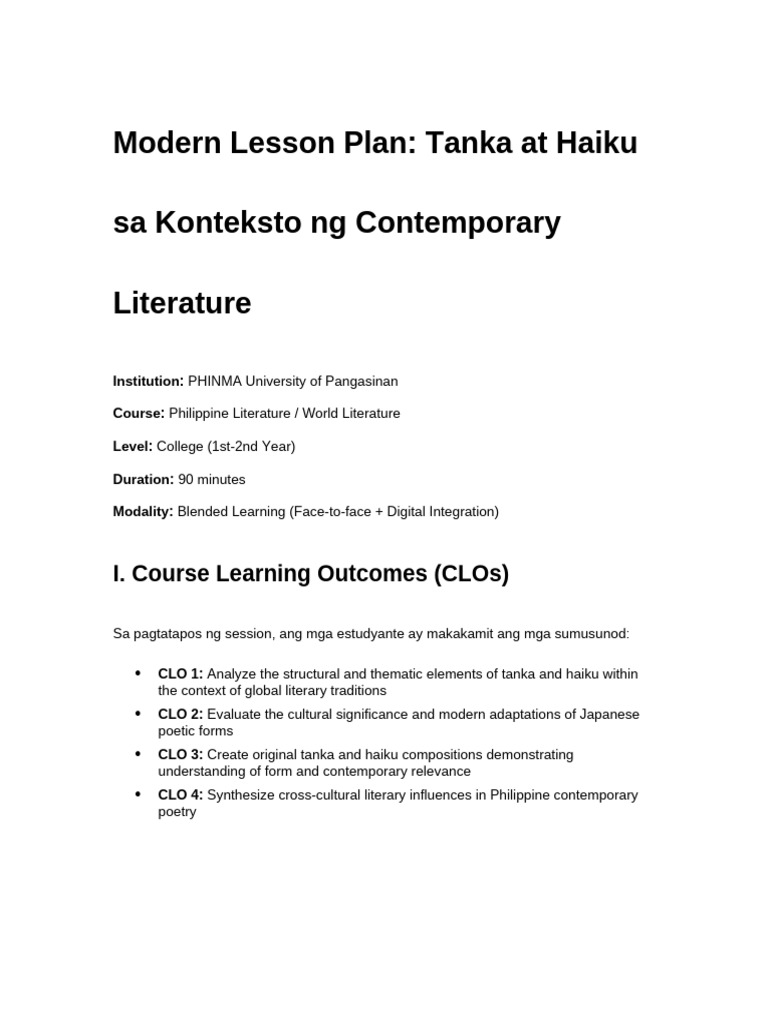 Tanka and Haiku Lesson Plan for College | PDF | Haiku | Learning
