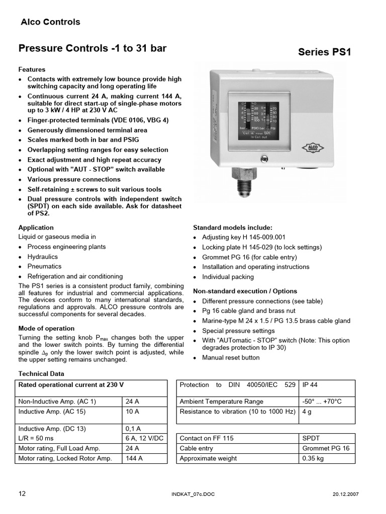 Alco PS1 Pressure Switch | PDF | Switch | Electrical Engineering