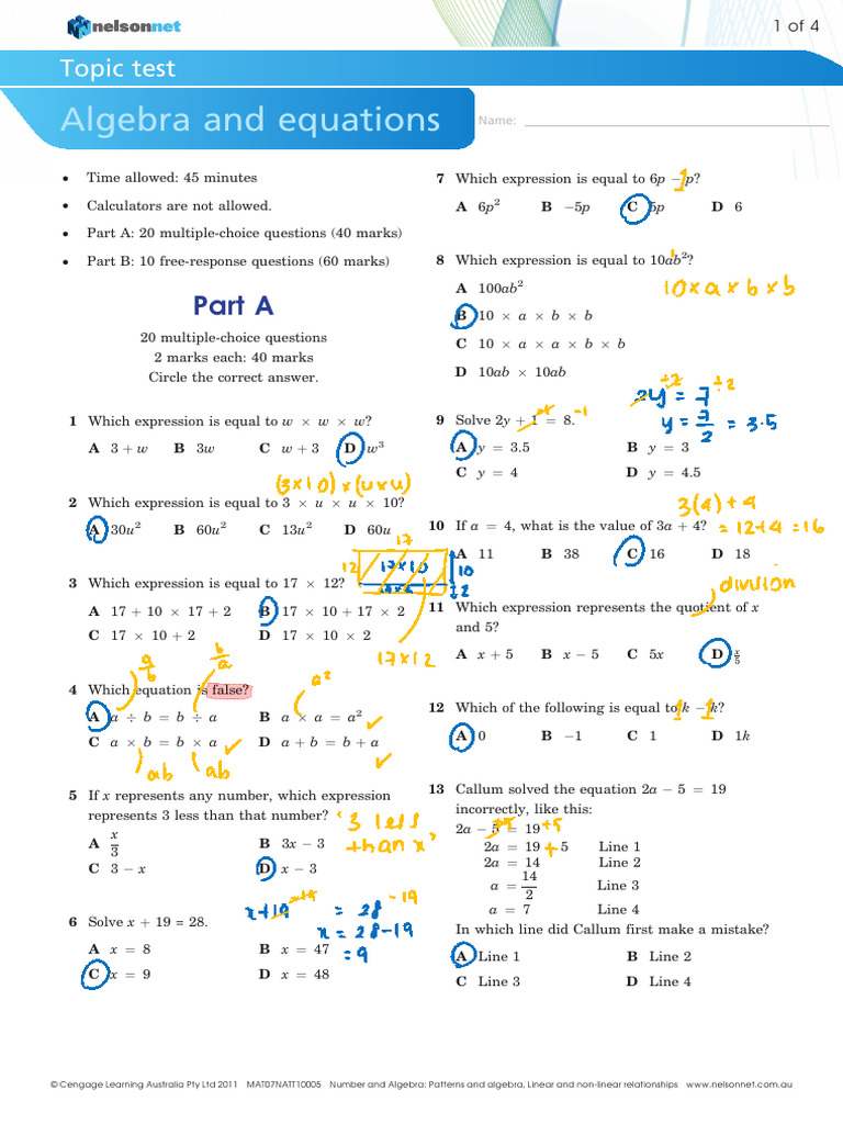 Algebra Test: Multiple Choice & Free Response | PDF | Equations | Algebra
