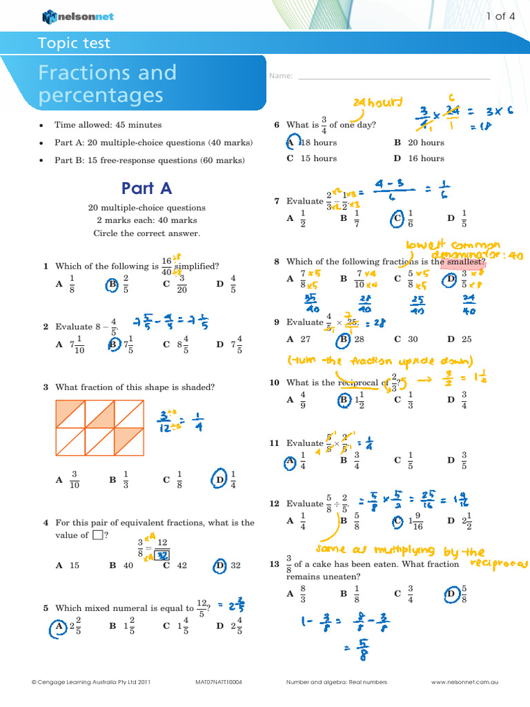 Fractions and Percentages (Solutions) | PDF | Multiple Choice | Algebra