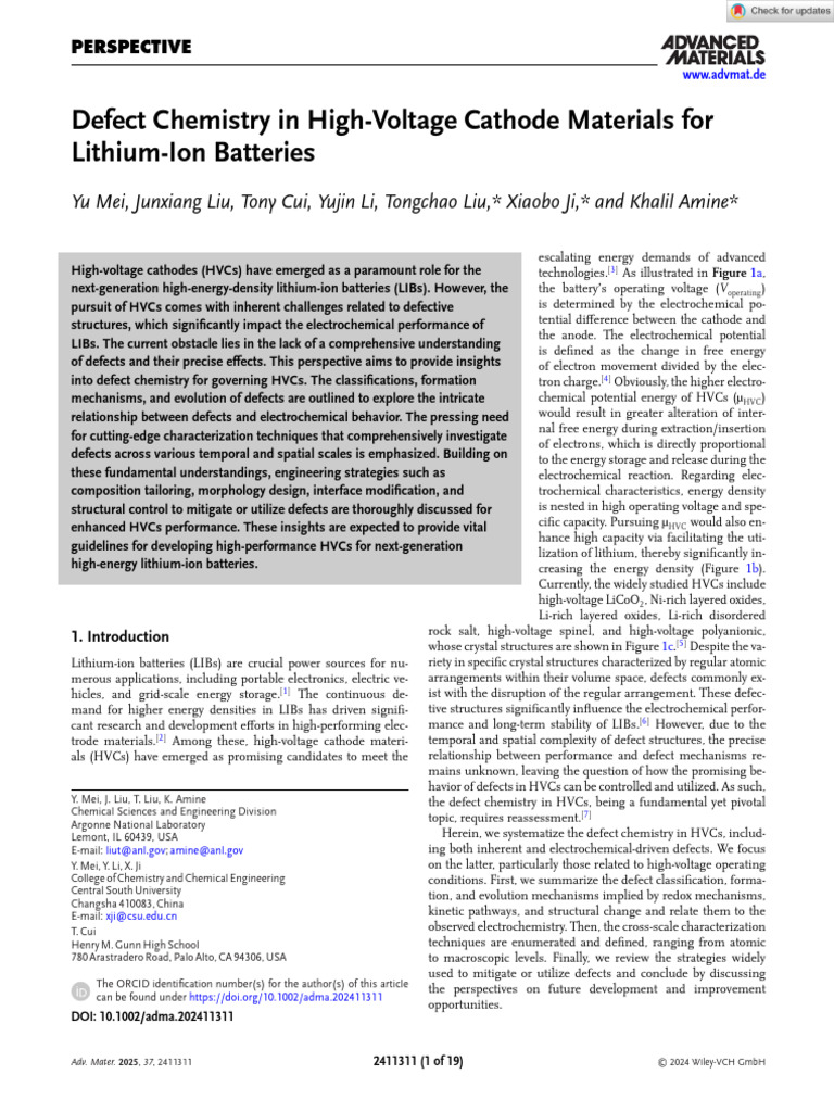 Advanced Materials - 2024 - Mei - Defect Chemistry in High Voltage ...