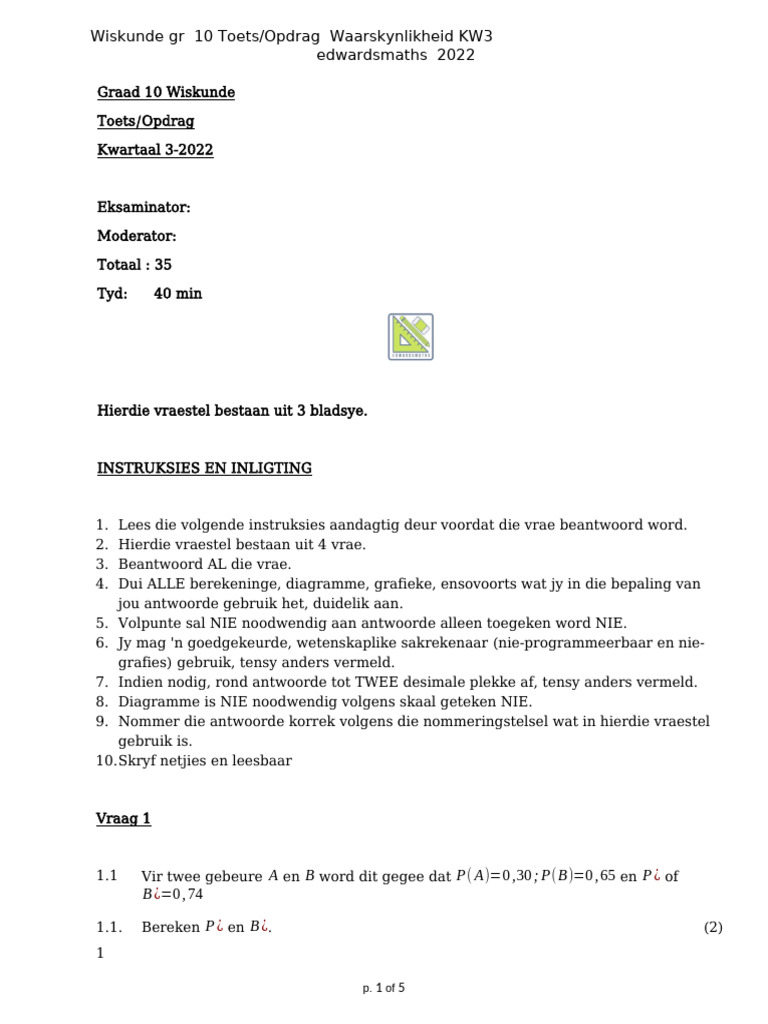 GR 10 Edwardsmaths Toets of Opdrag Waarskynlikheid KW3 2022 Afr | PDF