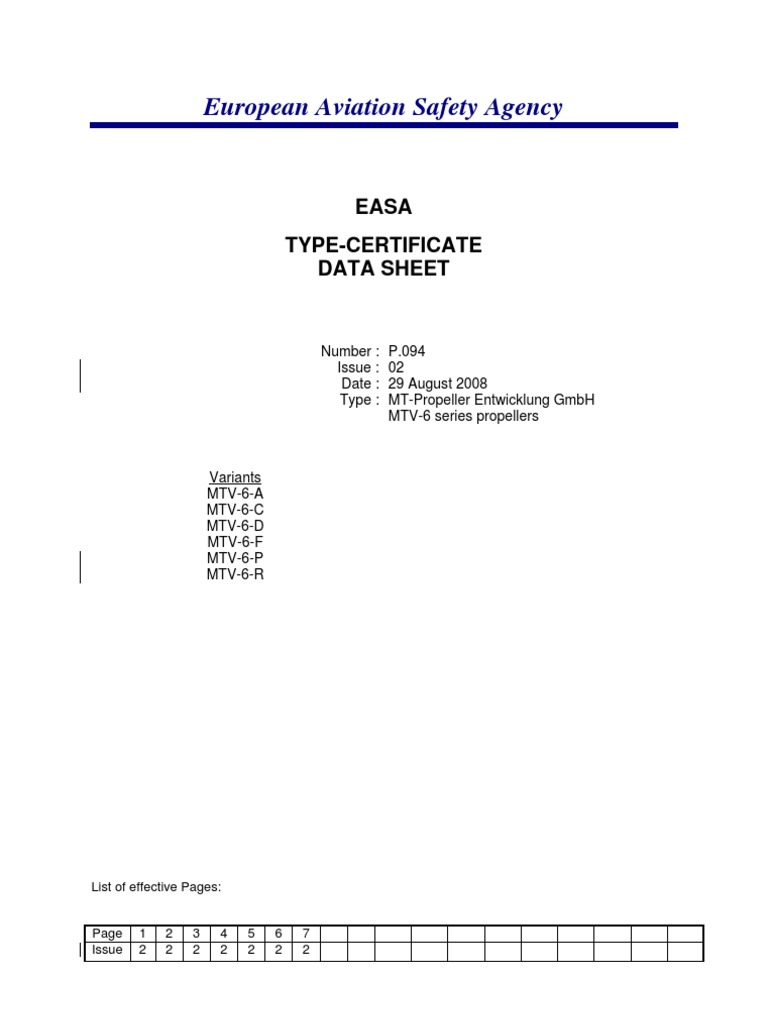 EASA TCDS P.094 MT Propeller Entwicklung GMBH MTV 6 Series Propellers ...