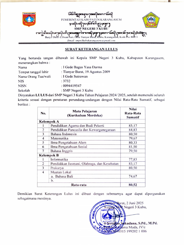 Surat Keterangan Lulus SMP Kubu 2025 | PDF