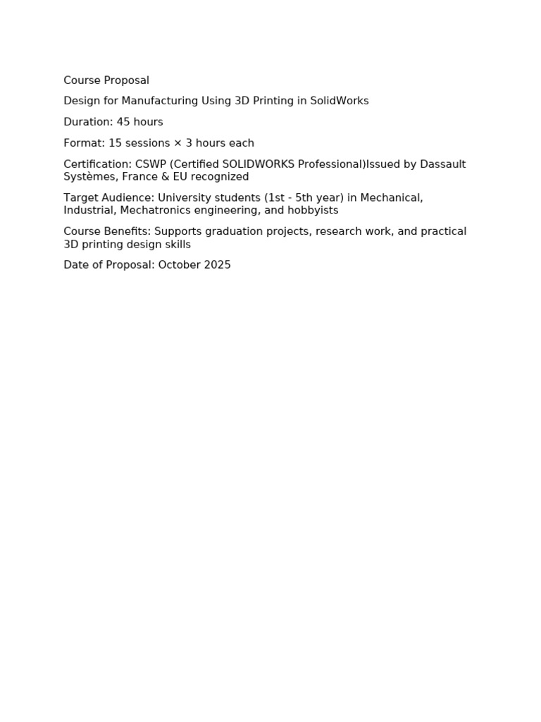 3D Printing Course Proposal in SolidWorks | PDF