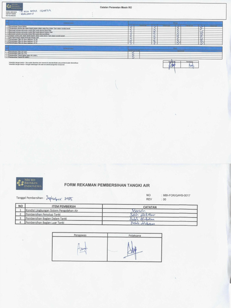 Scan Catatan Perawatan Mesin RO & Form Rekaman Pembersihan Tangki Air | PDF