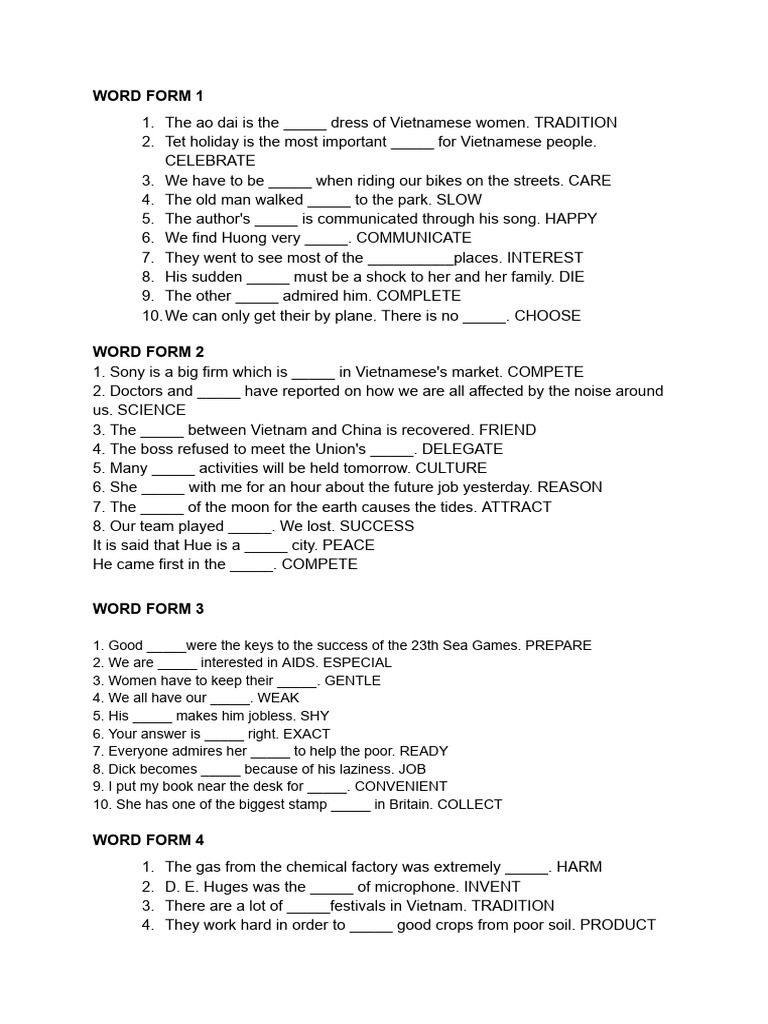 Vietnamese Vocabulary Word Forms Exercise | PDF