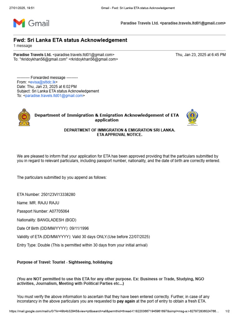 Gmail - FWD - Sri Lanka ETA Status Acknowledgement | PDF | Travel Visa ...
